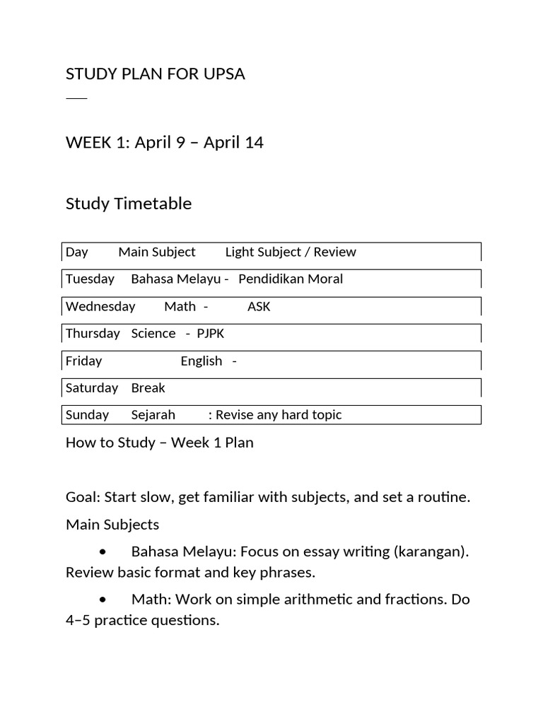 STUDY PLAN FOR UPSA CONTOH | PDF | Mathematics | Science