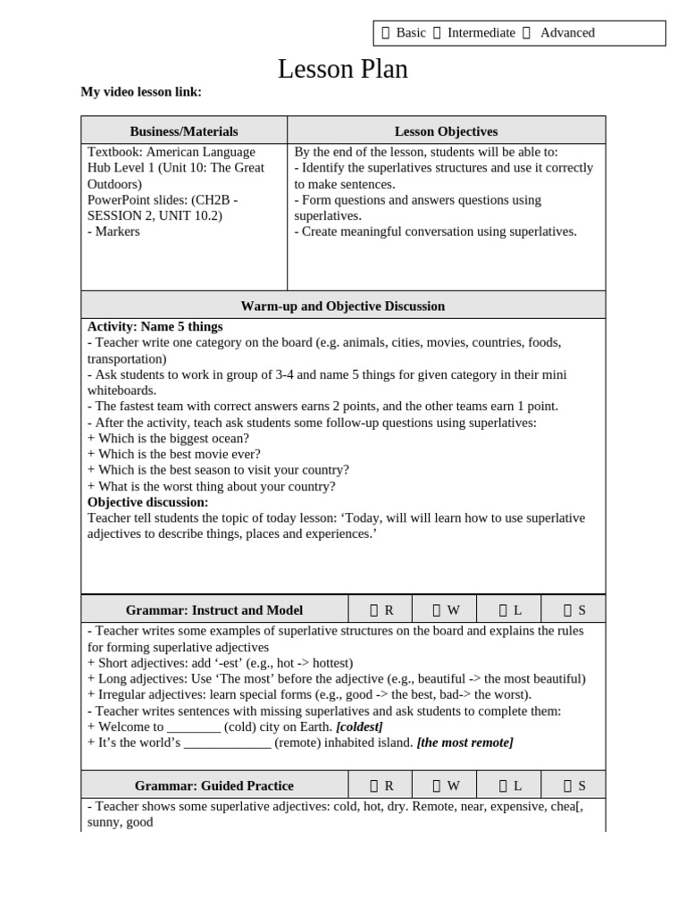 A Grammar Lesson Plan | PDF | Adjective | Lesson Plan