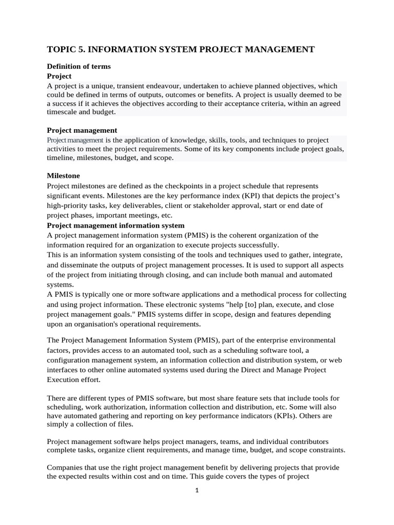 Topic 5. Information Systems Project Management | PDF | Project ...