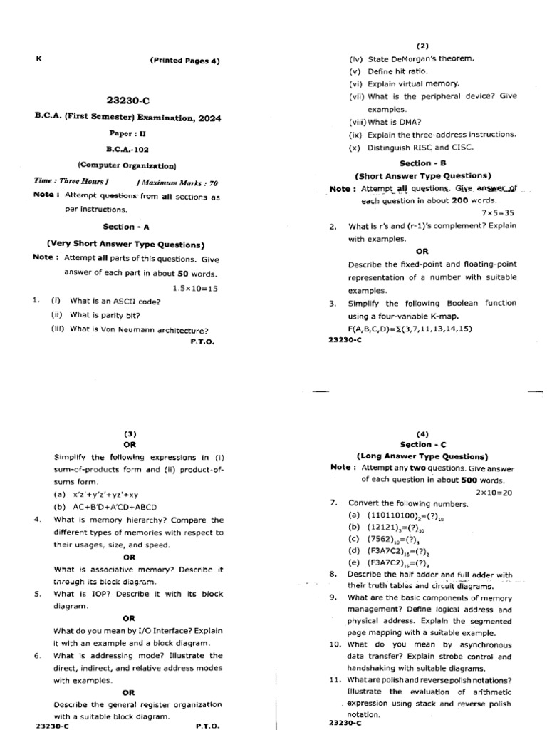 Bca 1 Sem Computer Organization 23230 C 2024 | PDF