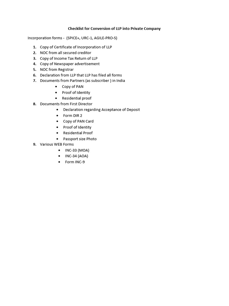 Checklist For Conversion of LLP Into Private Company | PDF