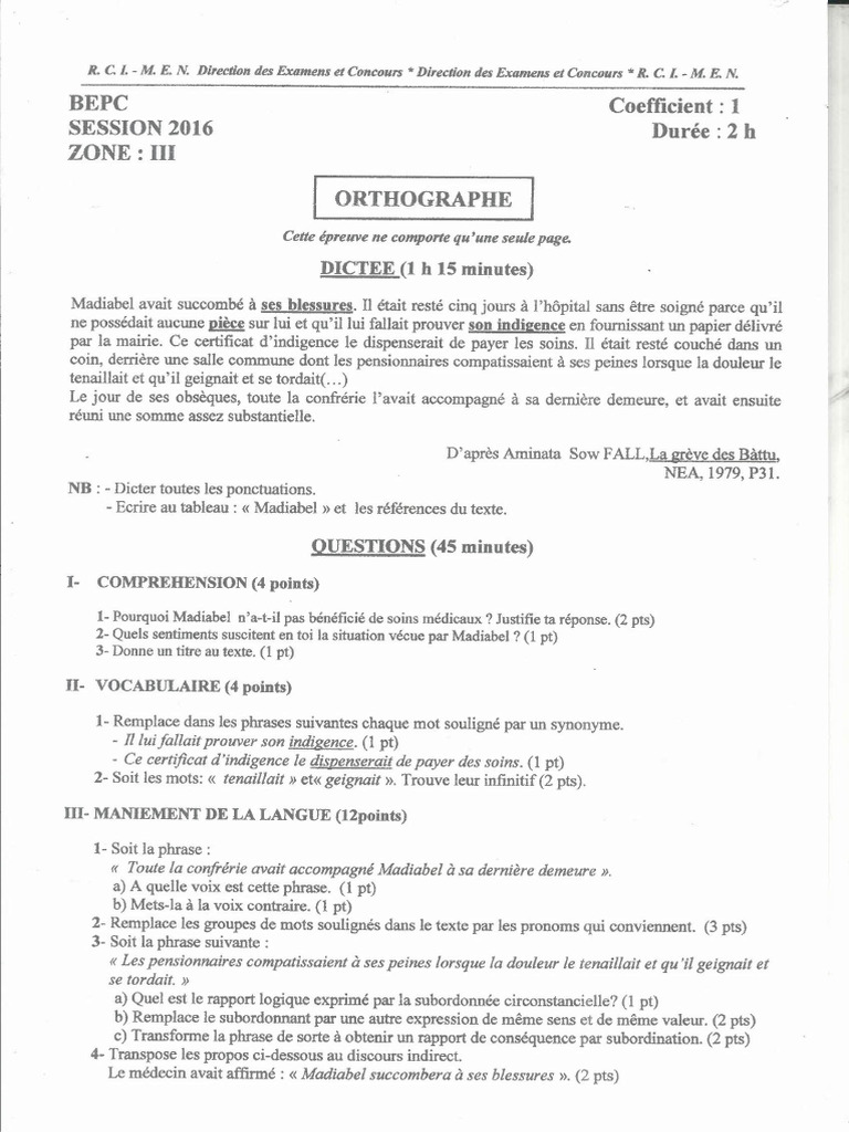 RCI BEPC 2016 Zone3 Orthographe | PDF