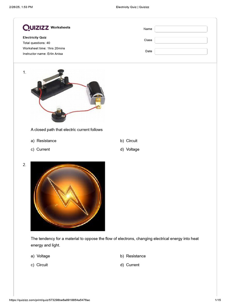 Electricity Quiz - Quizizz | PDF | Series And Parallel Circuits ...