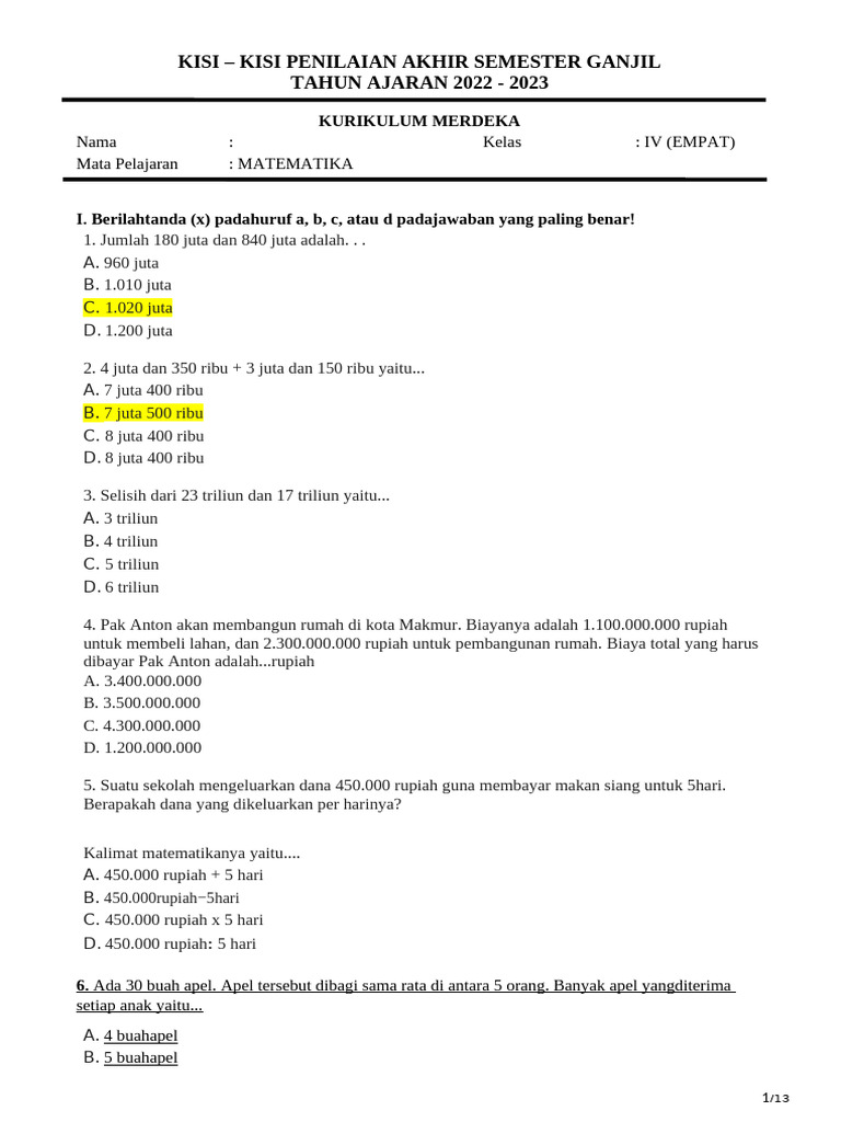 SOAL MTK KELAS 4 IKM | PDF