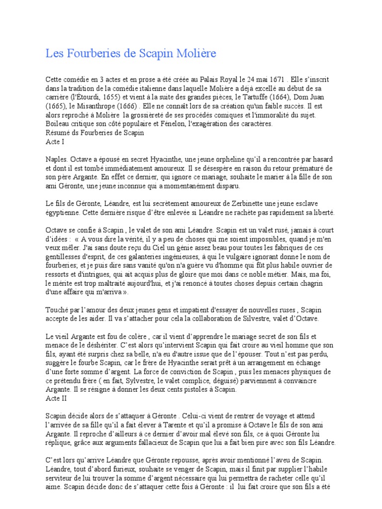 Les Fourberies de Scapin : Acte I Résumé | PDF | Molière