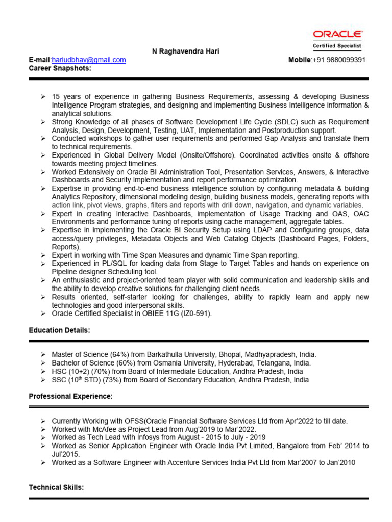 OBIEE OAC Resume NRH 2025 | PDF | Data Warehouse | Metadata