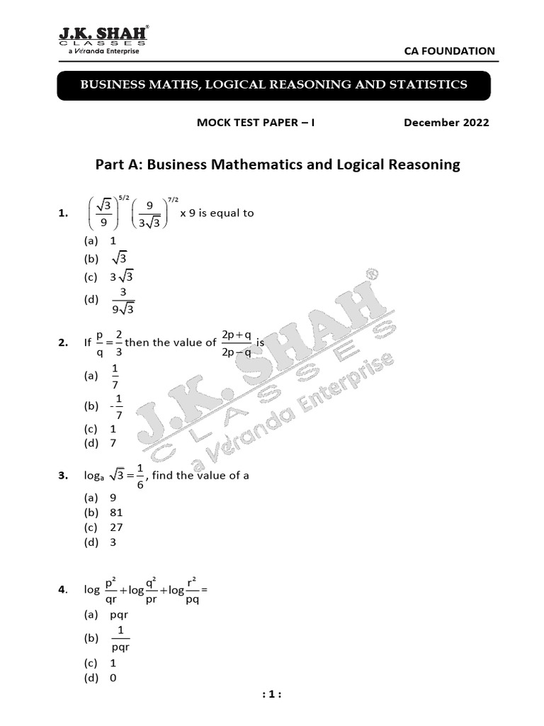 Maths, LR and Statistics - Mock Test Paper - I - Dec 2022 | PDF ...