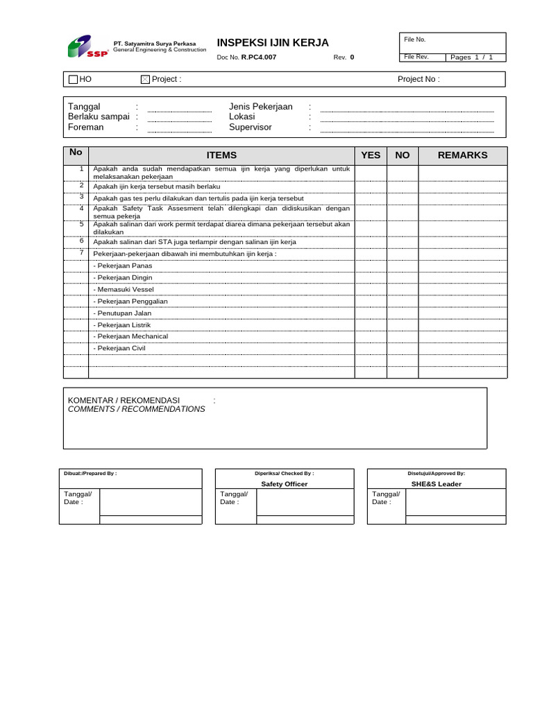 R.PC4.007 Inspeksi Ijin Kerja | PDF