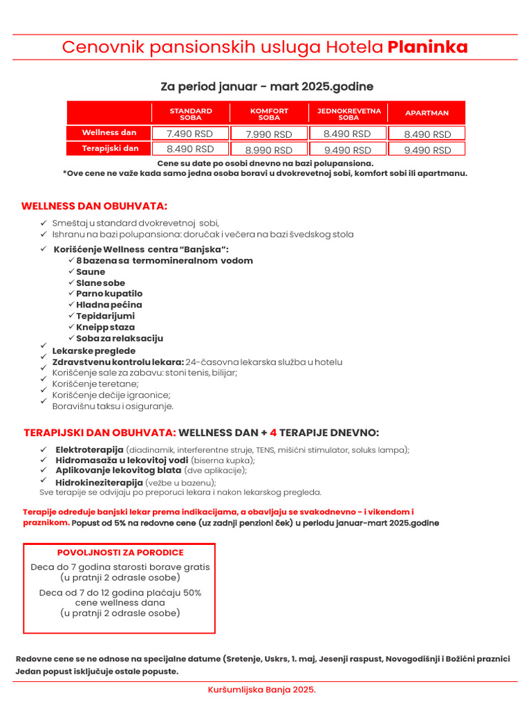 SAJT CENOVNIK KURSUMLIJSKA BANJA Januar Mart 2025. Ispravka 2 | PDF