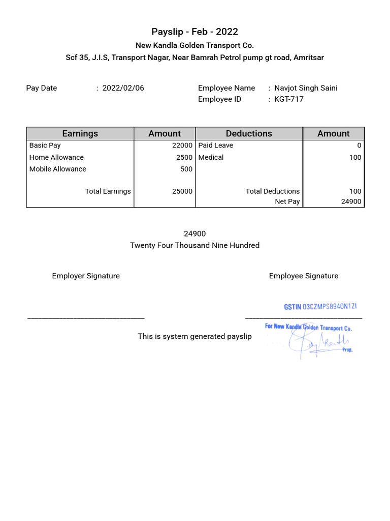 February 2022 Payslip for Navjot Saini | PDF