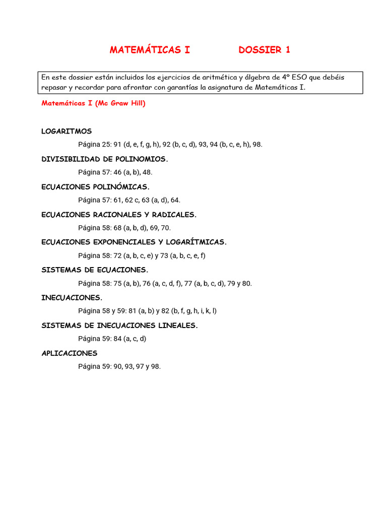 DOSSIER ARITMÃ TICA Y Ã LGEBRA | PDF