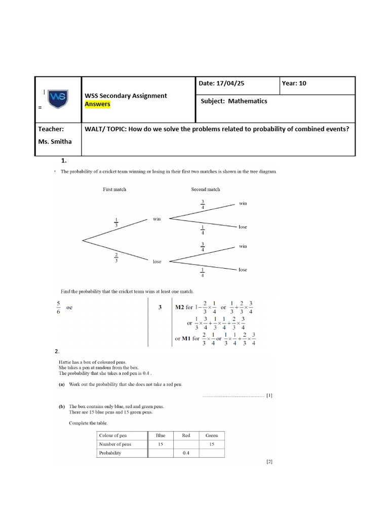 Y 10 Maths Assignment Chapter 24 - Ans PDF | PDF