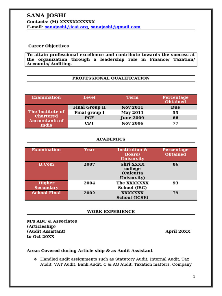 Fresher Chartered Accountant Resume Sample Doc | PDF | Economies ...