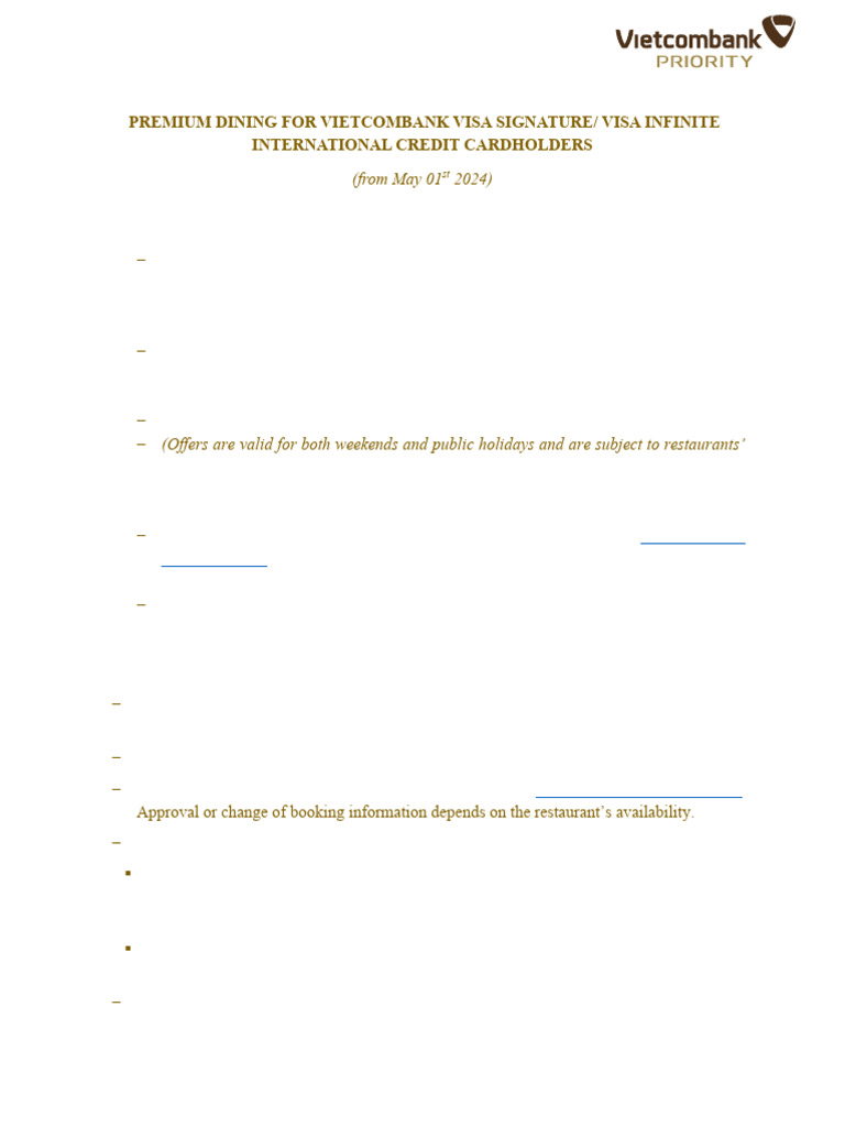 Premium Dining For Vietcombank Visa Signature and Visa Infinite Update ...