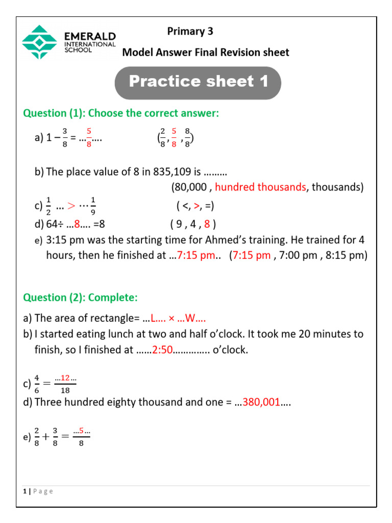 Final Revision Sheet 2 ND Term p.3 Model Answer | PDF | Area | Length