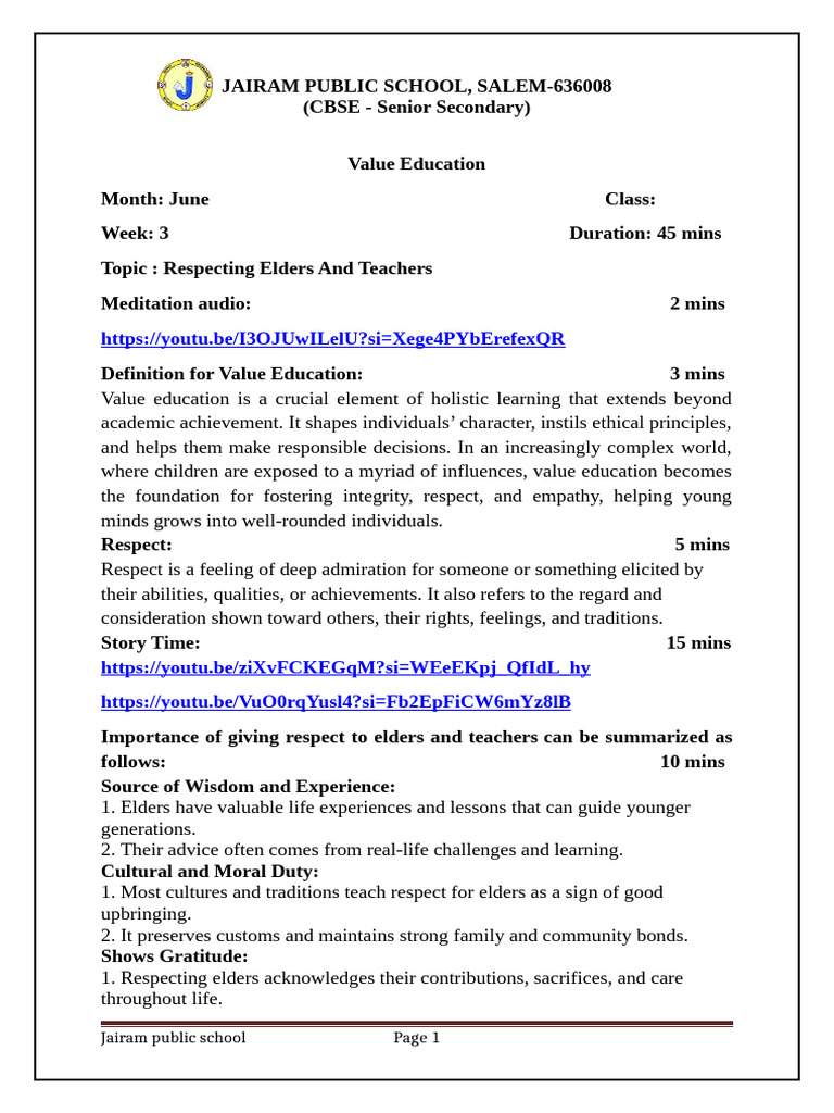 Respecting Elders and Teachers - Week 3 | PDF | Teachers | Disciplines