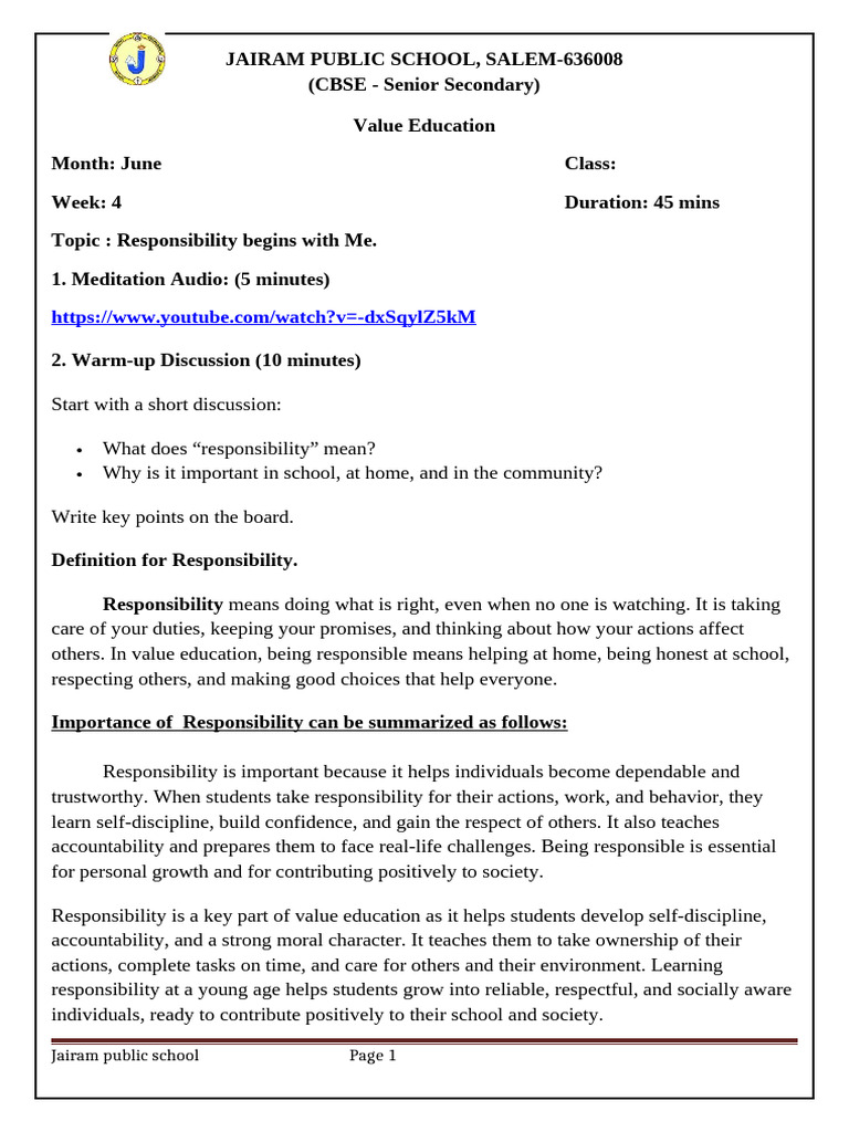 Responsibility in Value Education | PDF | Disciplines | Teachers