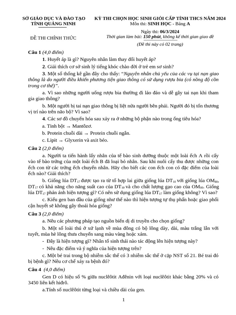 De Sinh Hoc A HSG9 2024 | PDF