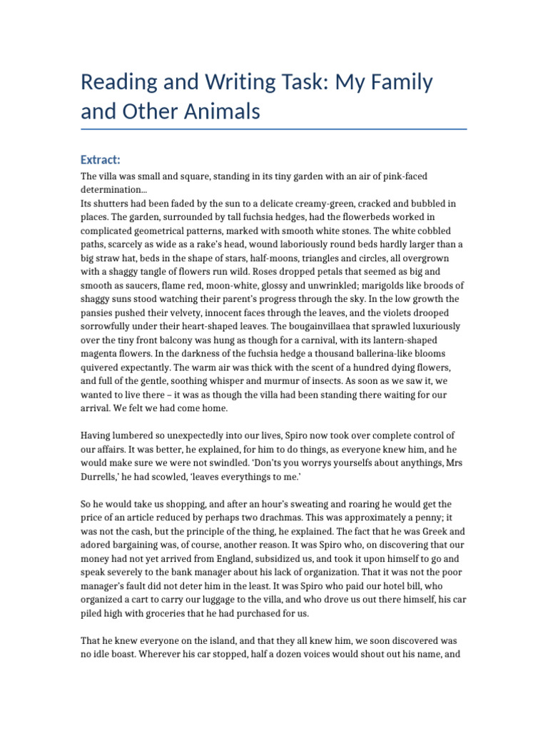 My Family and Other Animals Analysis | PDF