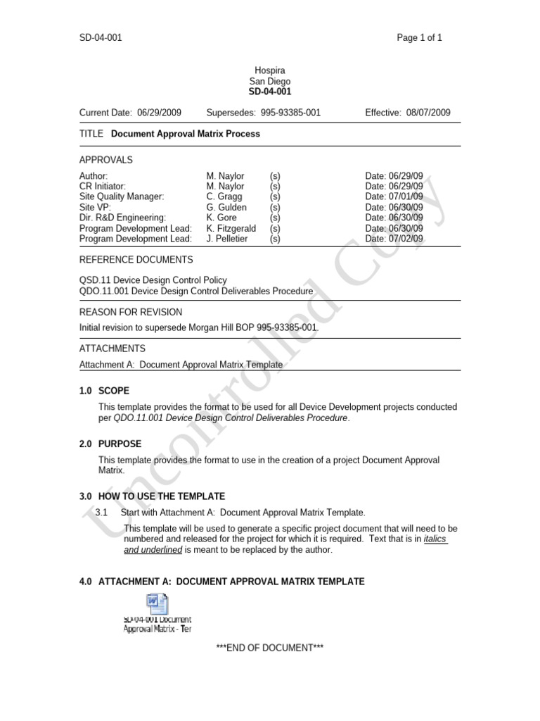 SD-04-001 Document Approval Matrix Process | PDF