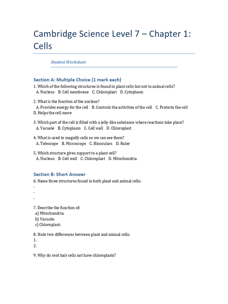 Grade 7 Science: Cells Worksheet | PDF
