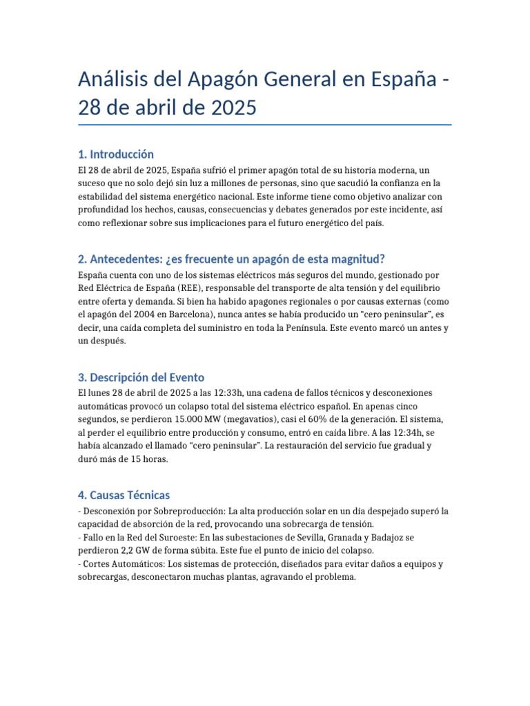 Informe Extendido Apagon 2025 | PDF | España