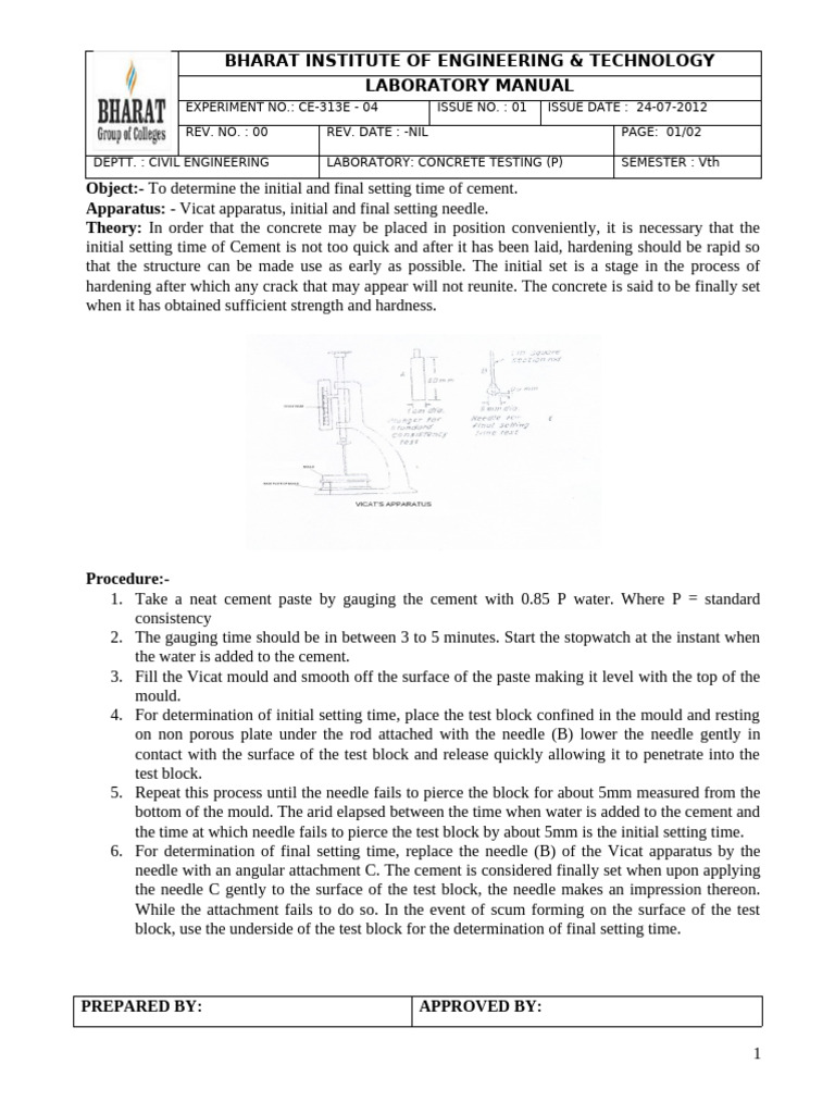 Cement Setting Time Lab Experiment | PDF | Concrete | Building Engineering