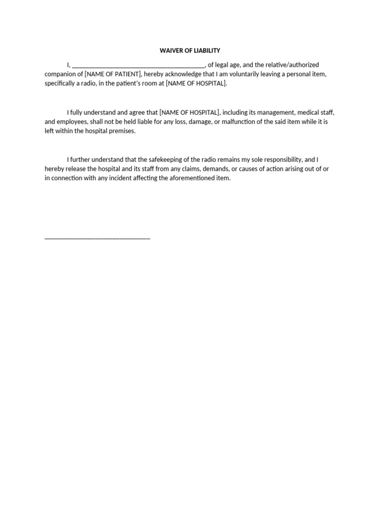 Hospital Liability Waiver for Personal Items | PDF