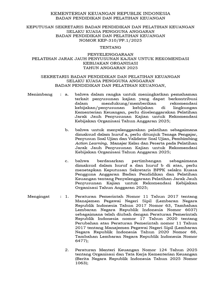 Keputusan Sekretaris BPPK Tentang Penyelenggaraan Pelatihan Jarak Jauh Penyusunan Kajian Untuk ...