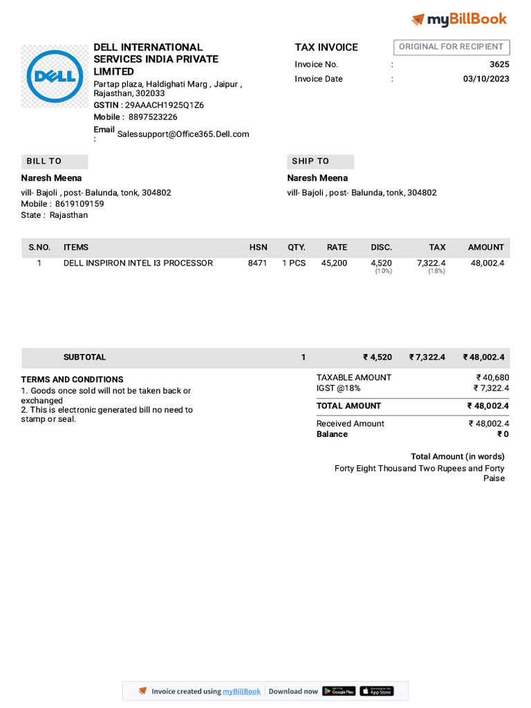 3625-Sales Invoice-Naresh Meena | PDF | Computer Hardware | Personal Computers