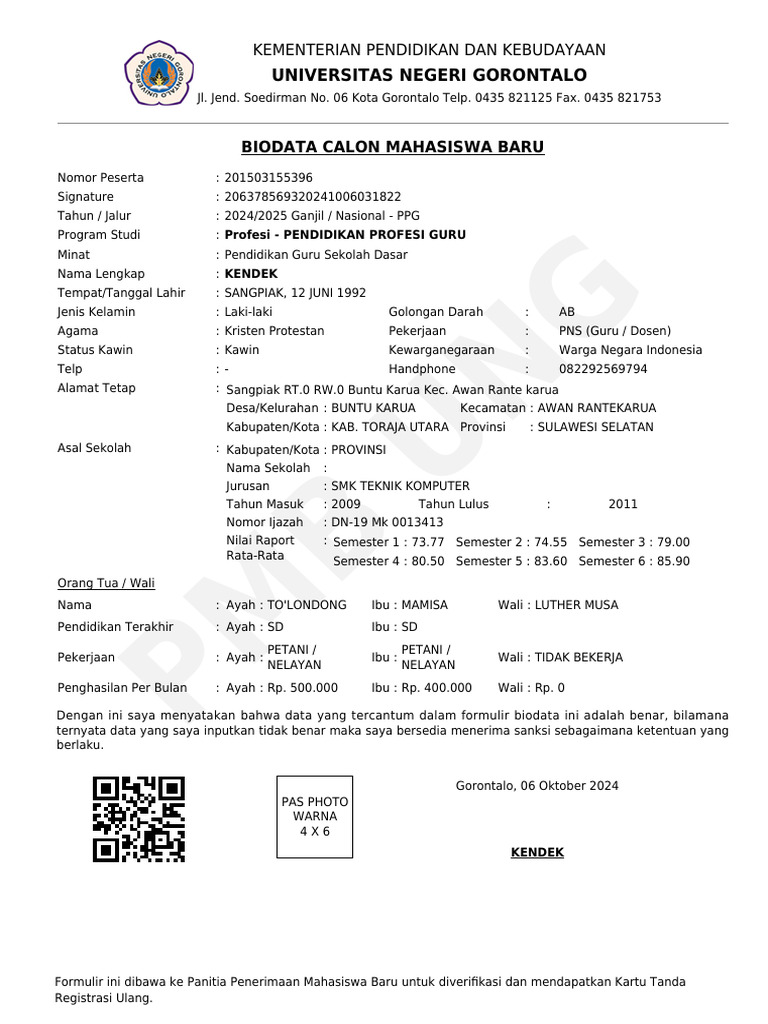 Biodata 201503155396 KENDEK | PDF