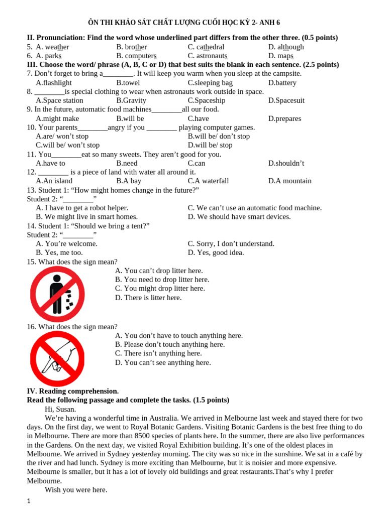 Đề KT HK2 TA6 Smart World | PDF