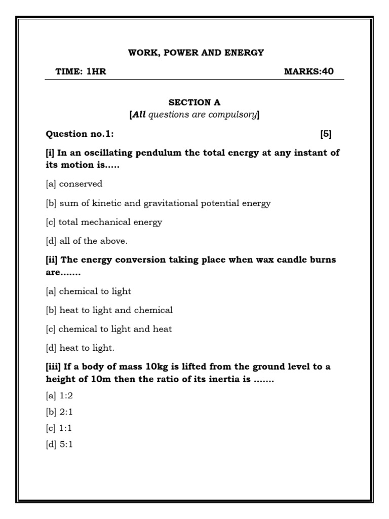 Work, Power, and Energy Worksheet | PDF | Force | Kinetic Energy