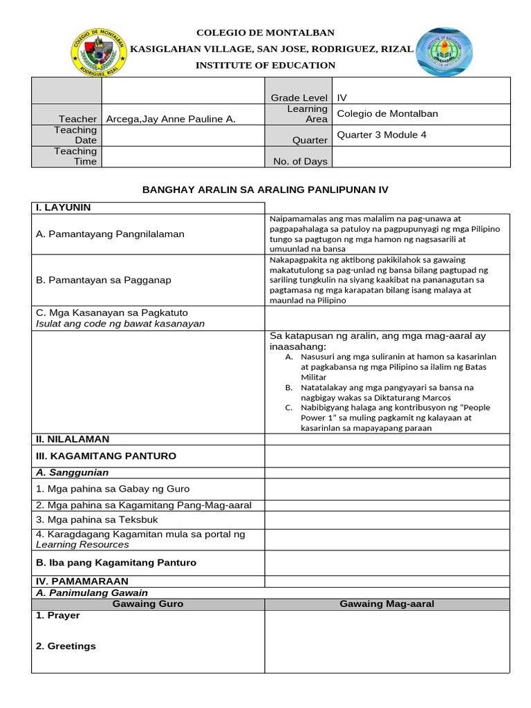 Lp-Format Arcega Aralin-panlipunan Ssc | PDF
