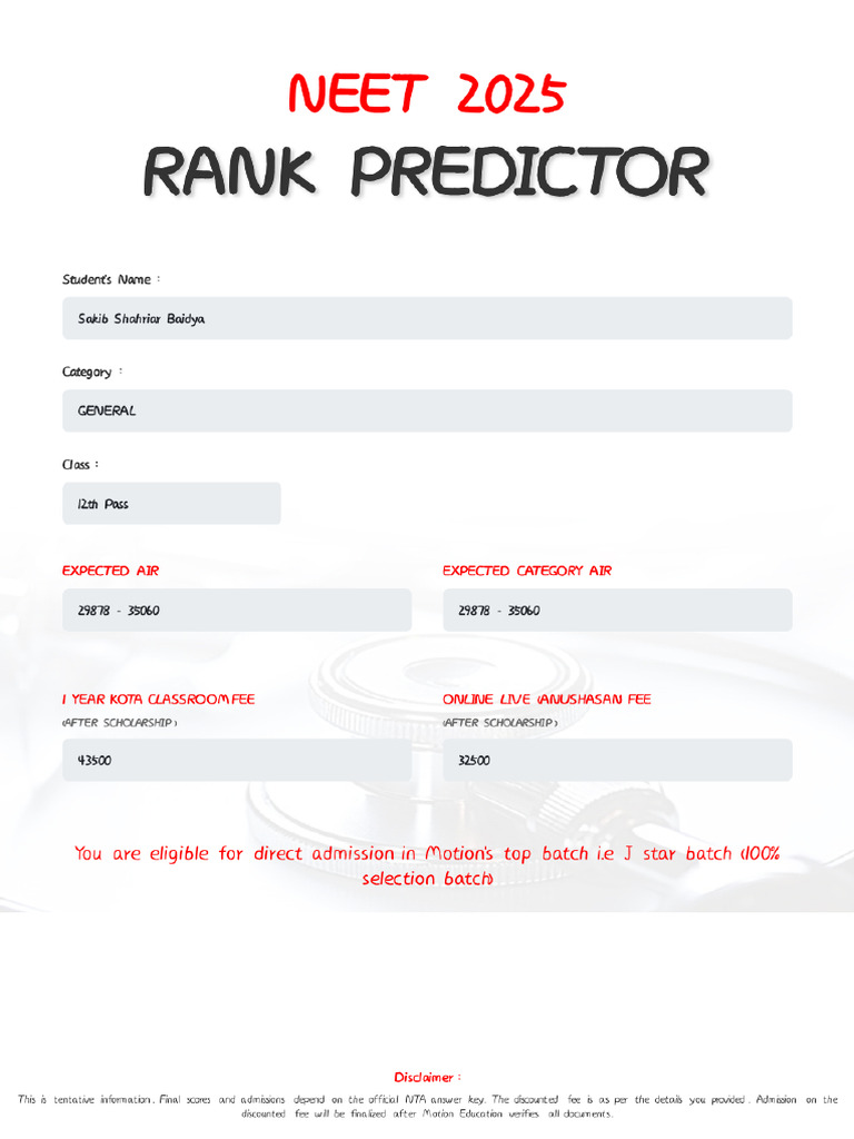 NEET 2025 Rank Prediction | PDF