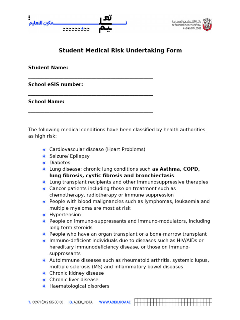 Student Medical Risk Undertaking Form | PDF | Chronic Condition ...