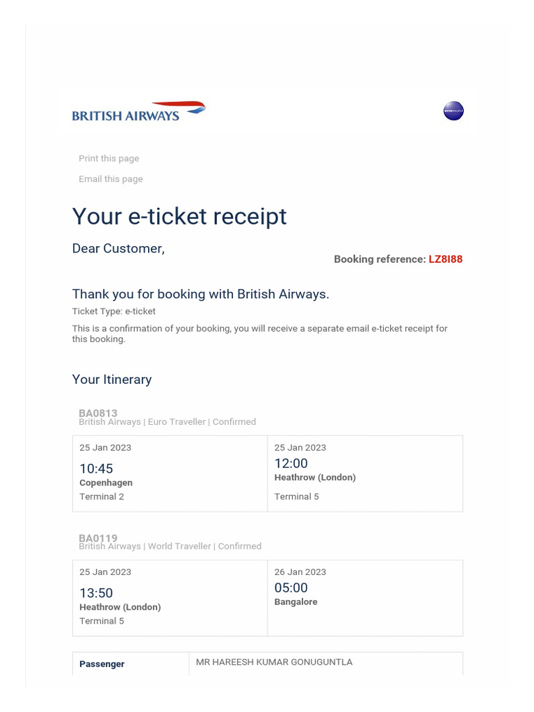 BA0119 Flight Confirmation Details | PDF | Baggage | Fee