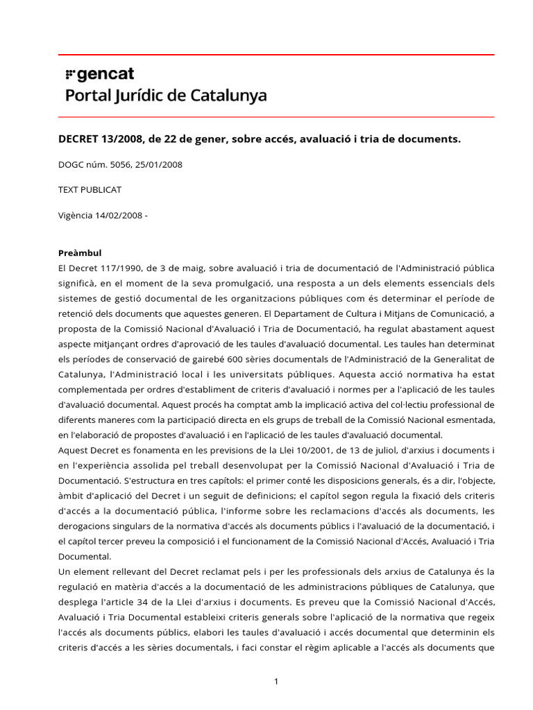 DECRET 13 - 2008 de 22 de Gener Sobre Acces Avaluacio I Tria de Documents | PDF