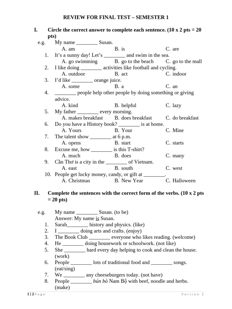 Semester 1 Final Test Review | PDF