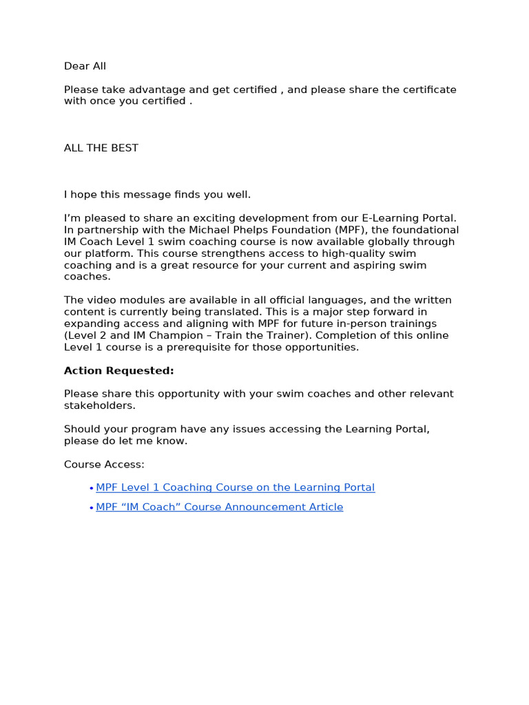 Level 1 Swimming Course | PDF