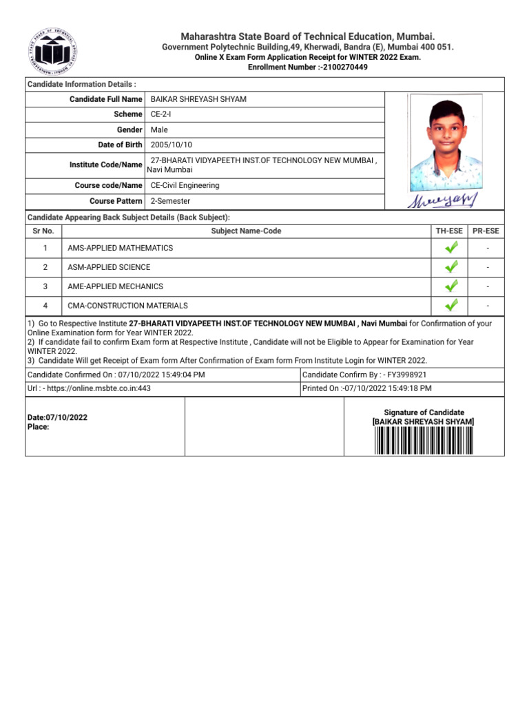 Exam Form Application of Candidate For FY3998921 | PDF | Vocational ...