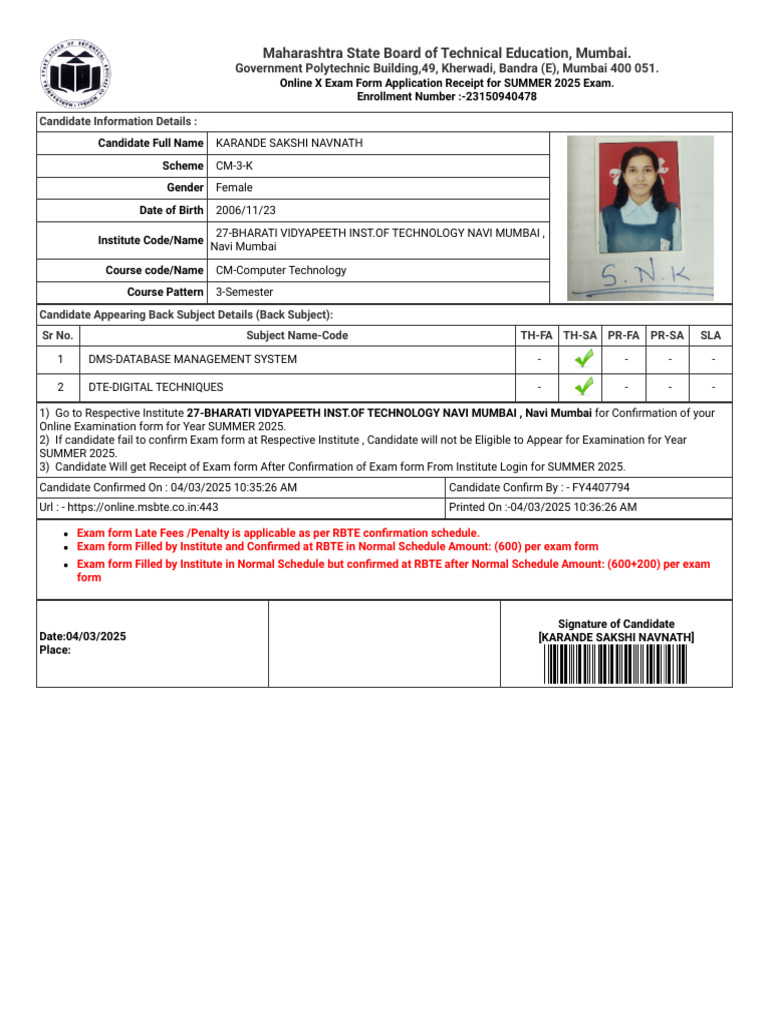 Exam Form Application of Candidate For FY4407794 | PDF | Educational Stages | Qualifications