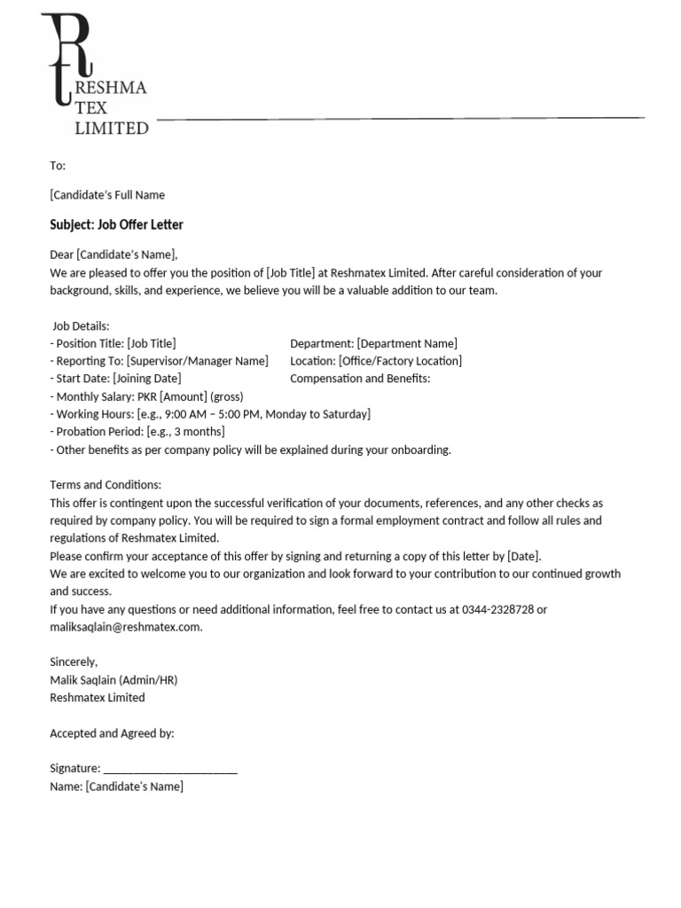 Reshmatex Job Offer Letter | PDF