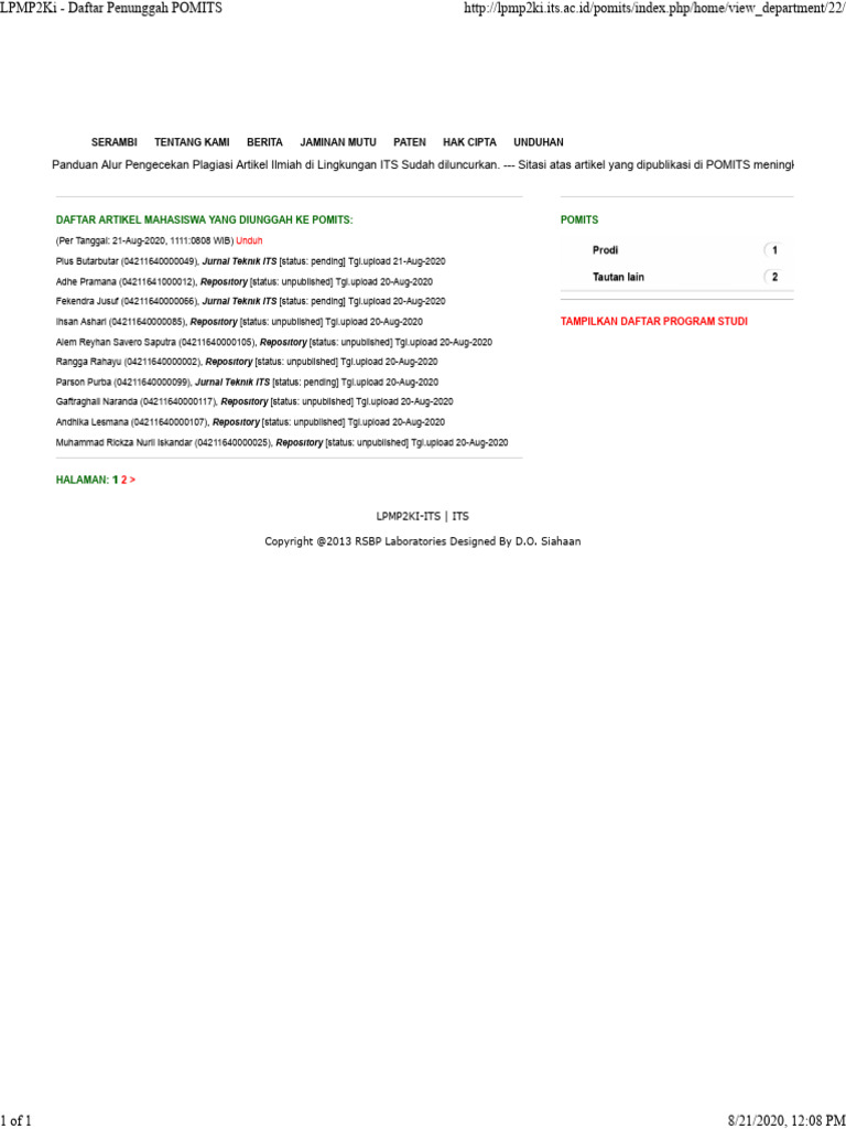 Daftar Artikel Mahasiswa POMITS | PDF