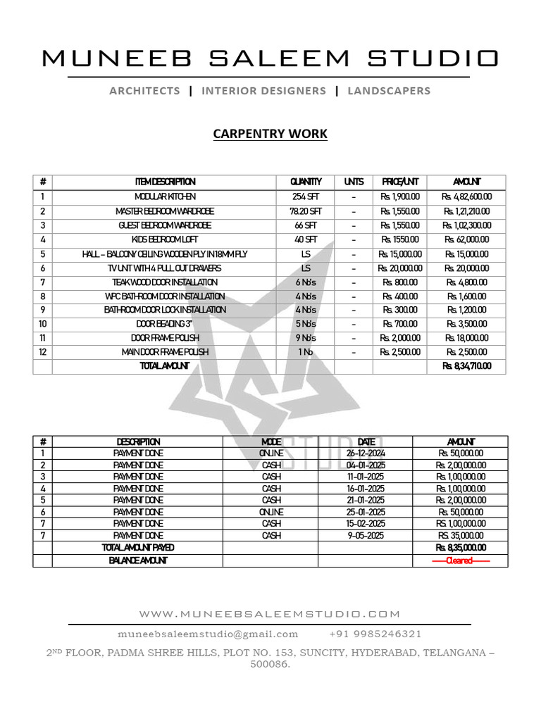 Carpentry Bill - Muneeb Saleem Studio | PDF | Interior Design | Home