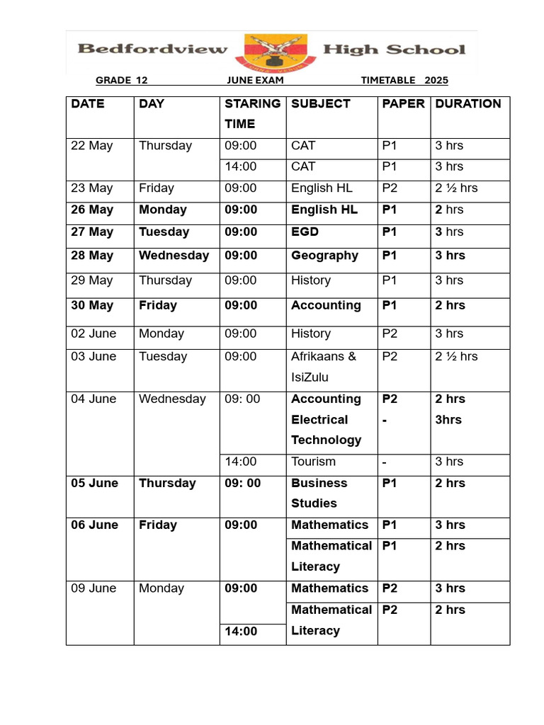 Grade 12 June Exam Timetable 2025 | PDF