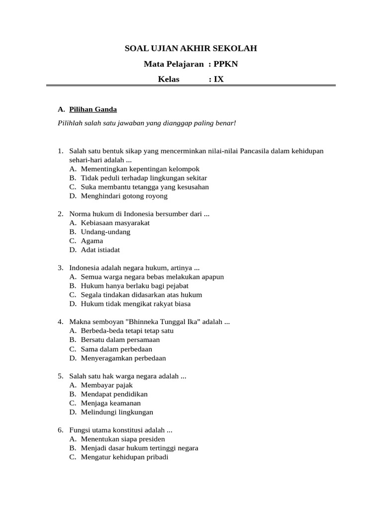 Soal Ujian Akhir Sekolah PPKN SMP Kelas Ix 2025 | PDF