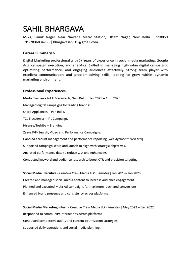 Sahil Bhargava New Updated CV 2025 | PDF | Digital Marketing | Social ...