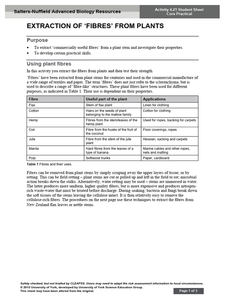 A Level Biology A (SNAB) Core Practical 8 - Plant Fibre Strength | PDF ...