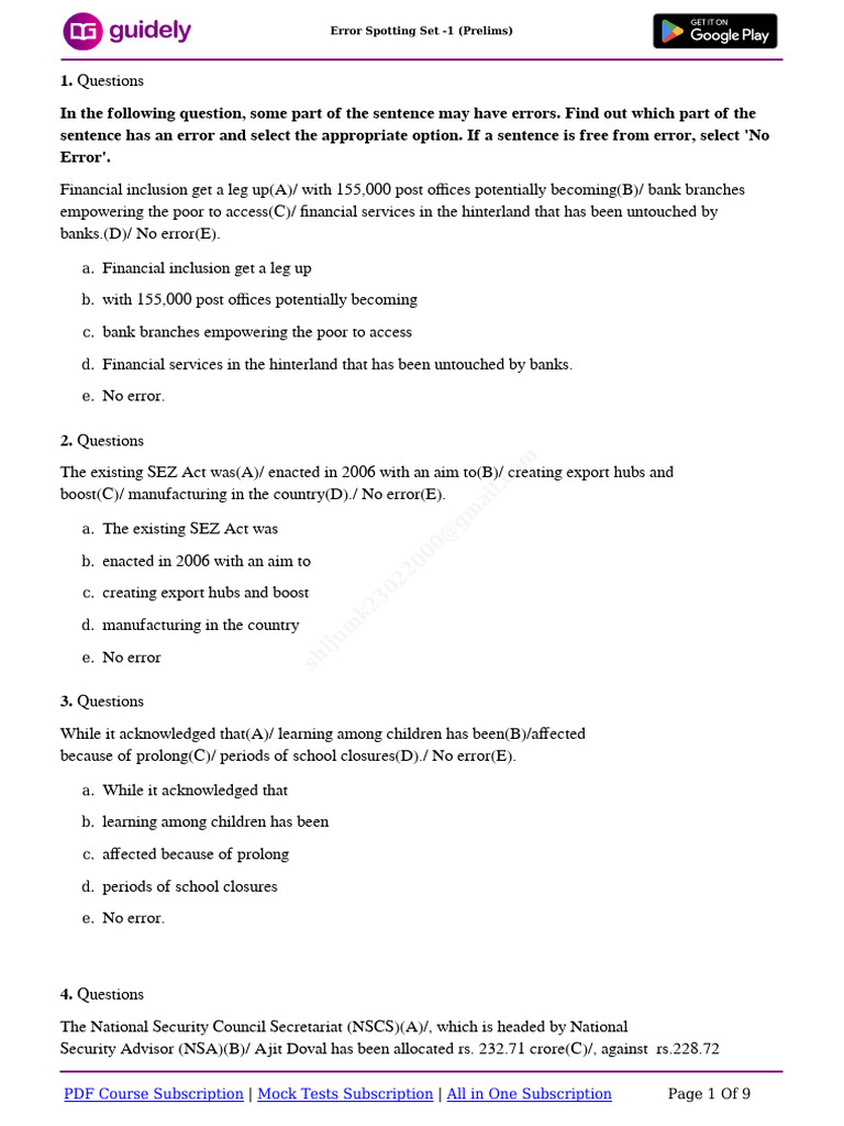 Error Spotting Set-1 (Prelims) | PDF | Verb | Adverb